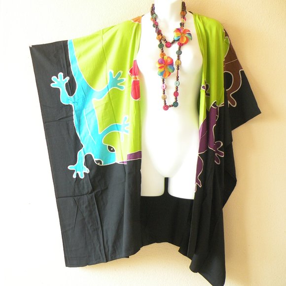 Sweaters | Cb429 Gecko Batik Hand Painted Duster Cover Up Open Front ...